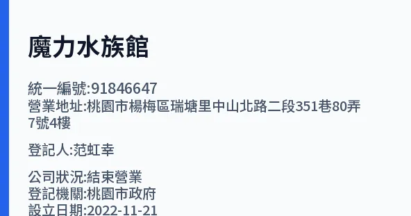 魔力水族館的照片-統編 91846647(桃園市) 公司登記資料與營業項目詳細圖表