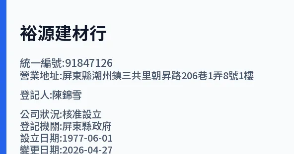 裕源建材行的照片-統編 91847126(屏東縣) 公司登記資料與營業項目詳細圖表