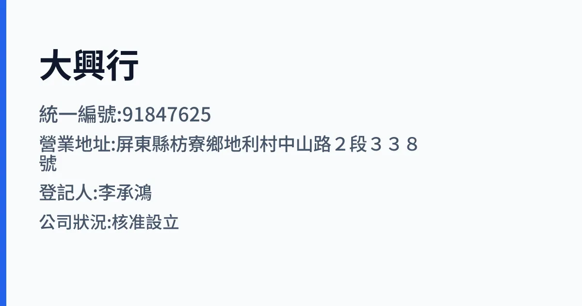 大興行 - 統編 91847625(屏東縣) 公司登記資料與營業項目詳細圖表