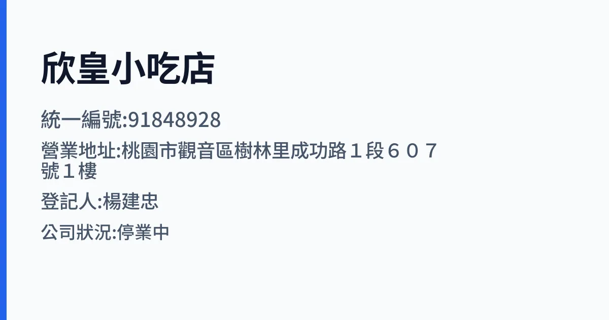 欣皇小吃店 - 統編 91848928(桃園市) 公司登記資料與營業項目詳細圖表