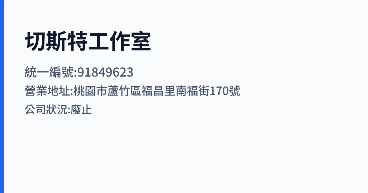切斯特工作室 - 統編 91849623(桃園市) 公司登記資料與營業項目詳細圖表