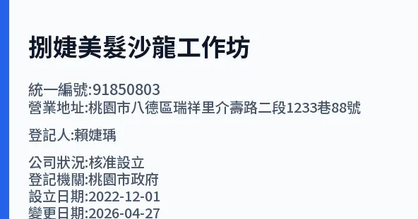 捌婕美髮沙龍工作坊的照片-統編 91850803(桃園市) 公司登記資料與營業項目詳細圖表