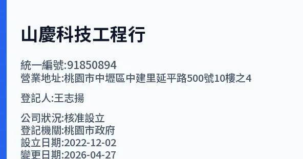 山慶科技工程行的照片-統編 91850894(桃園市) 公司登記資料與營業項目詳細圖表