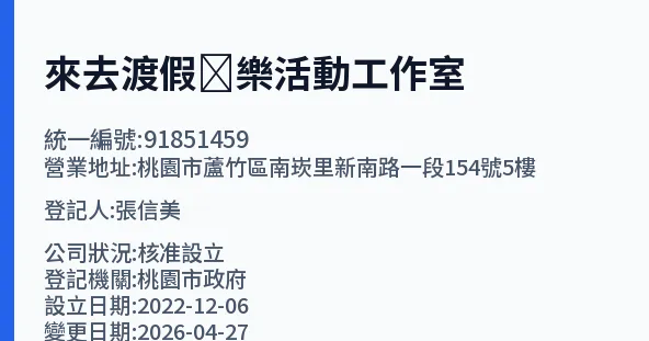 來去渡假娯樂活動工作室的照片-統編 91851459(桃園市) 公司登記資料與營業項目詳細圖表