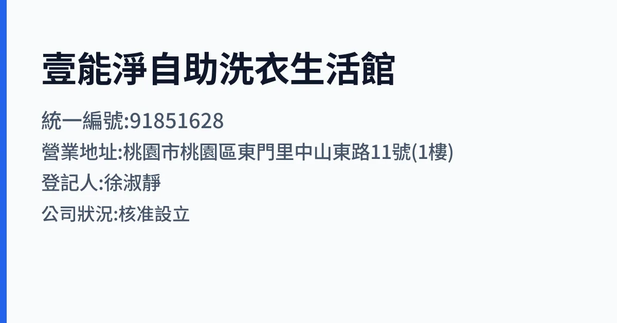 壹能淨自助洗衣生活館 - 統編 91851628(桃園市) 公司登記資料與營業項目詳細圖表