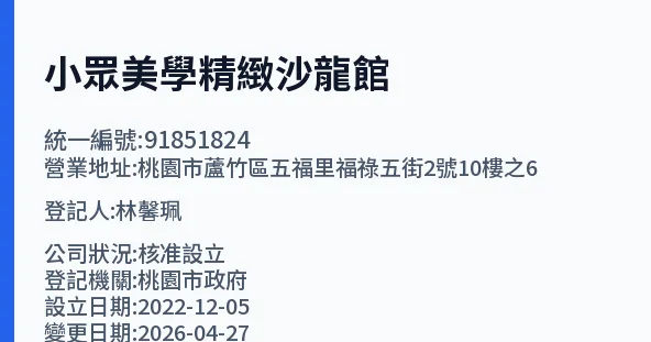 小眾美學精緻沙龍館的照片-統編 91851824(桃園市) 公司登記資料與營業項目詳細圖表