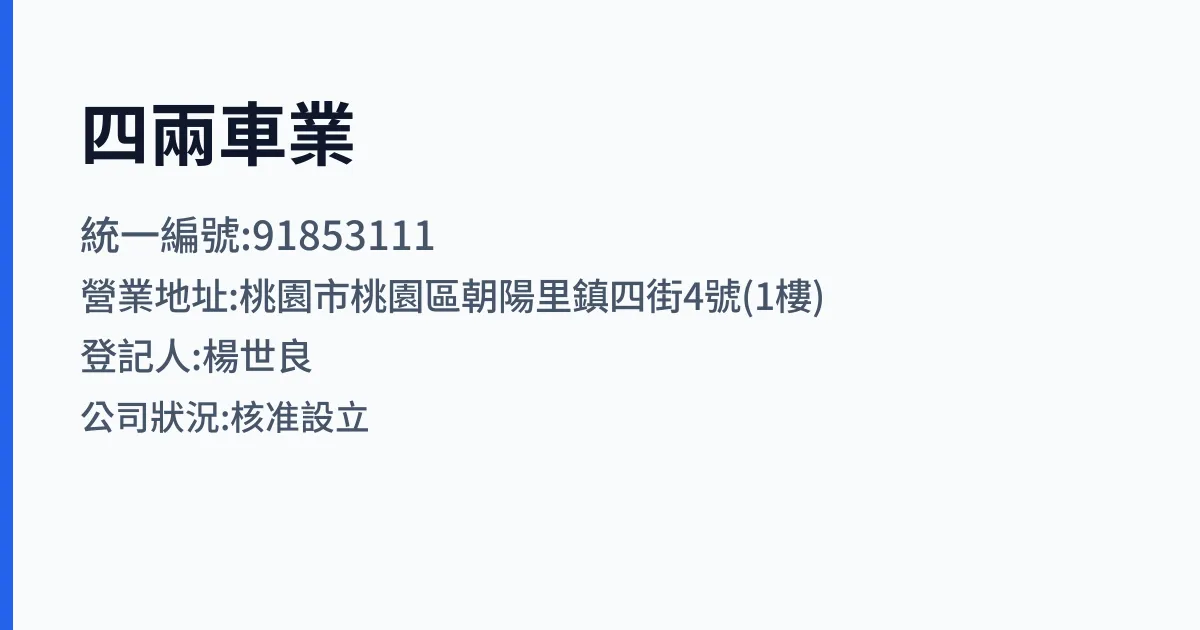 四兩車業 - 統編 91853111(桃園市) 公司登記資料與營業項目詳細圖表
