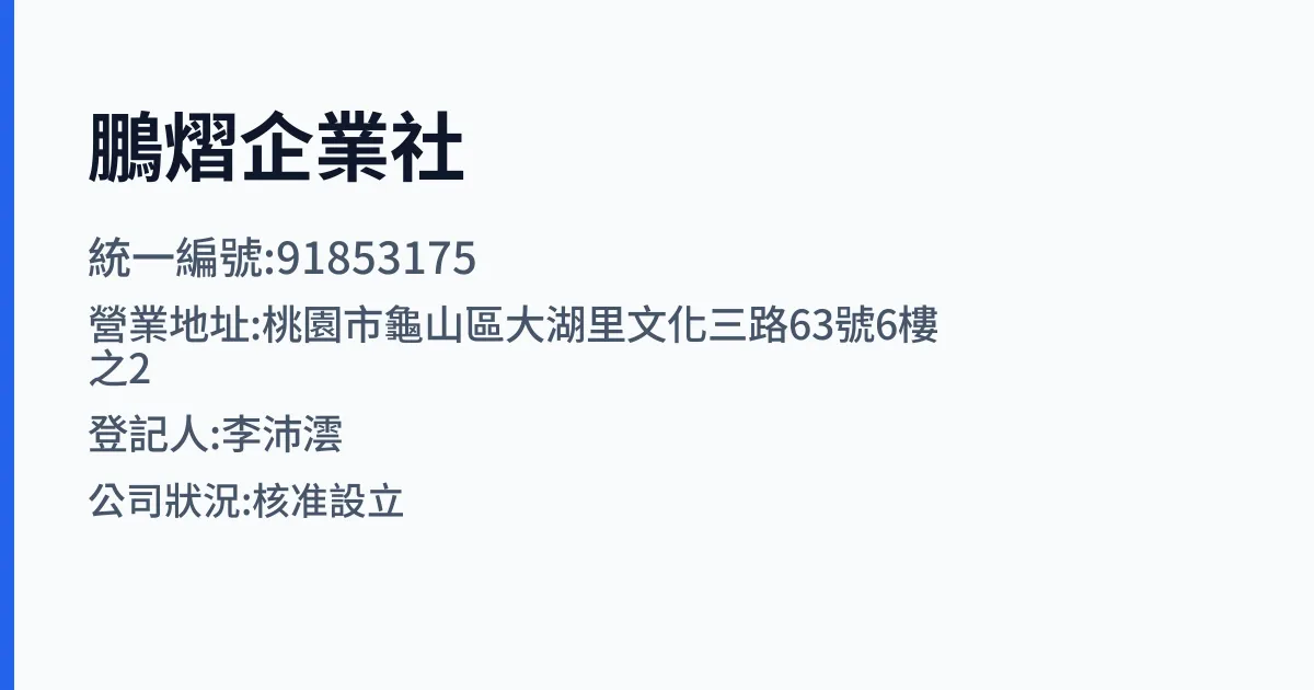 鵬熠企業社 - 統編 91853175(桃園市) 公司登記資料與營業項目詳細圖表