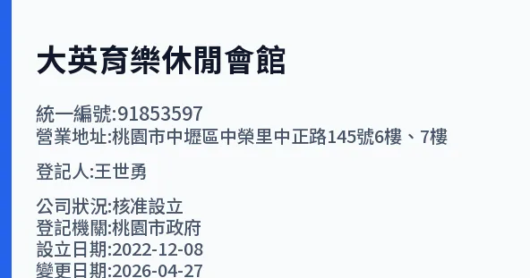 大英育樂休閒會館的照片-統編 91853597(桃園市) 公司登記資料與營業項目詳細圖表