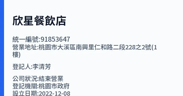 欣星餐飲店的照片-統編 91853647(桃園市) 公司登記資料與營業項目詳細圖表