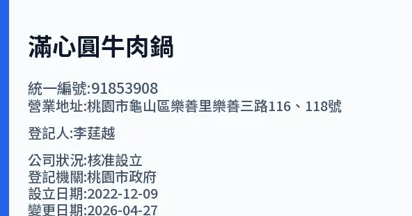 滿心圓牛肉鍋的照片-統編 91853908(桃園市) 公司登記資料與營業項目詳細圖表
