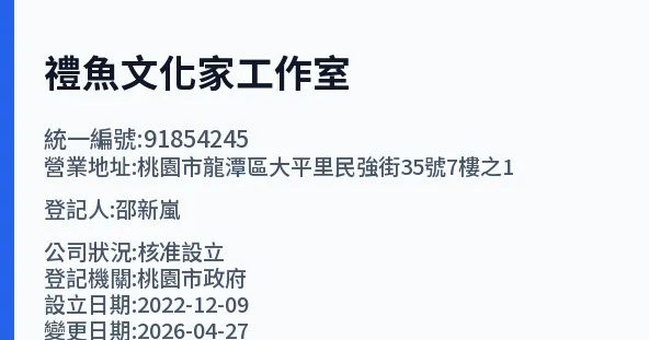 禮魚文化家工作室的照片-統編 91854245(桃園市) 公司登記資料與營業項目詳細圖表