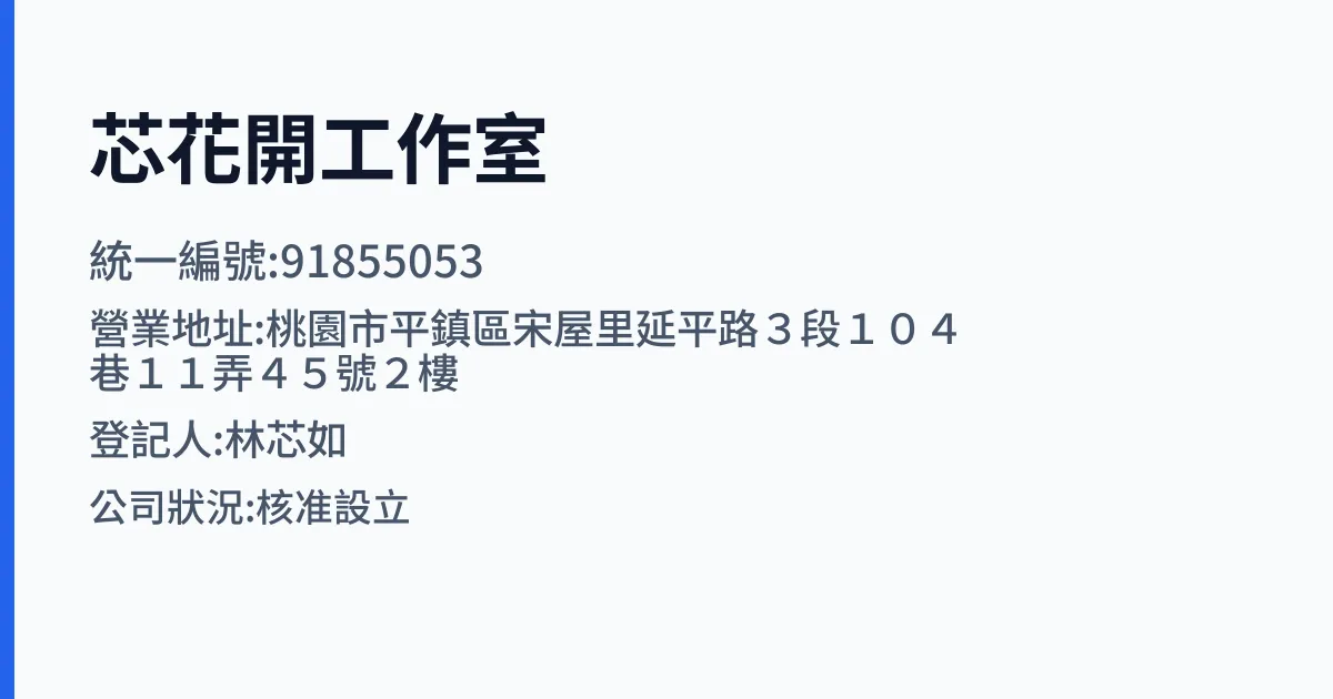 芯花開工作室 - 統編 91855053(桃園市) 公司登記資料與營業項目詳細圖表