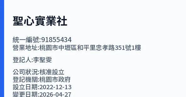 聖心實業社的照片-統編 91855434(桃園市) 公司登記資料與營業項目詳細圖表