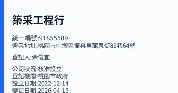 築采工程行的照片-統編 91855589(桃園市) 公司登記資料與營業項目詳細圖表