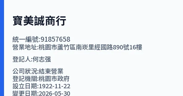 寶美誠商行的照片-統編 91857658(桃園市) 公司登記資料與營業項目詳細圖表