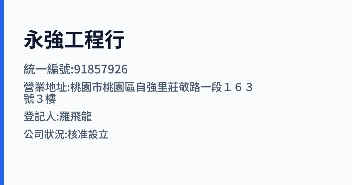 永強工程行 - 統編 91857926(桃園市) 公司登記資料與營業項目詳細圖表