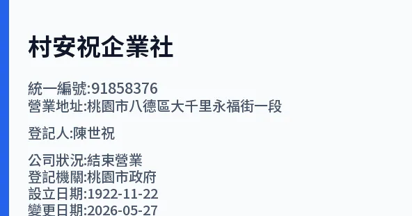 村安祝企業社的照片-統編 91858376(桃園市) 公司登記資料與營業項目詳細圖表