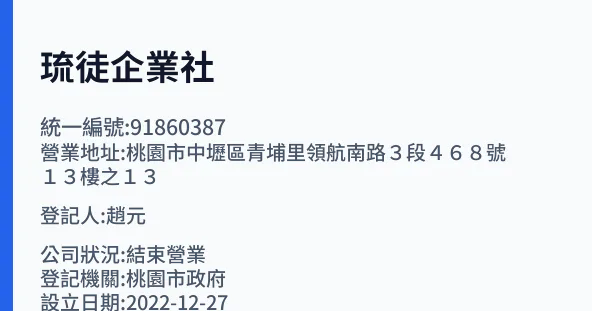 琉徒企業社的照片-統編 91860387(桃園市) 公司登記資料與營業項目詳細圖表