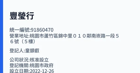 豐瑩行的照片-統編 91860470(桃園市) 公司登記資料與營業項目詳細圖表