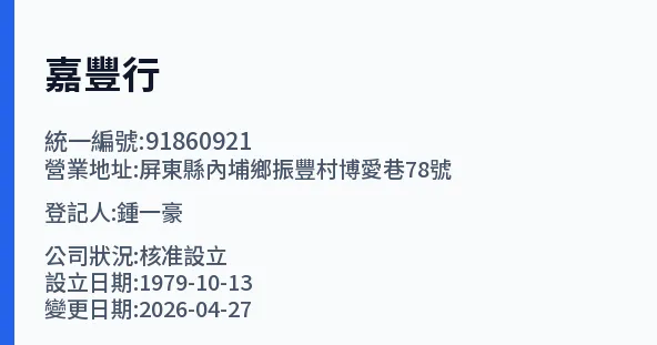 嘉豐行的照片-統編 91860921(屏東縣) 公司登記資料與營業項目詳細圖表