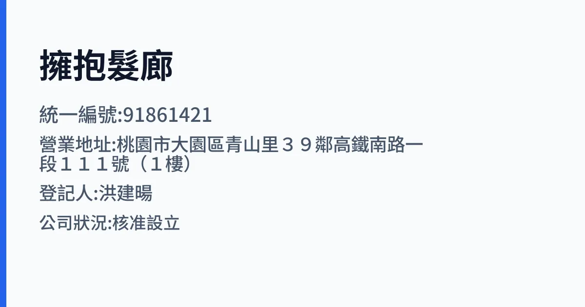 擁抱髮廊 - 統編 91861421(桃園市) 公司登記資料與營業項目詳細圖表