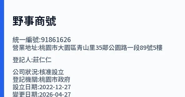 野事商號的照片-統編 91861626(桃園市) 公司登記資料與營業項目詳細圖表
