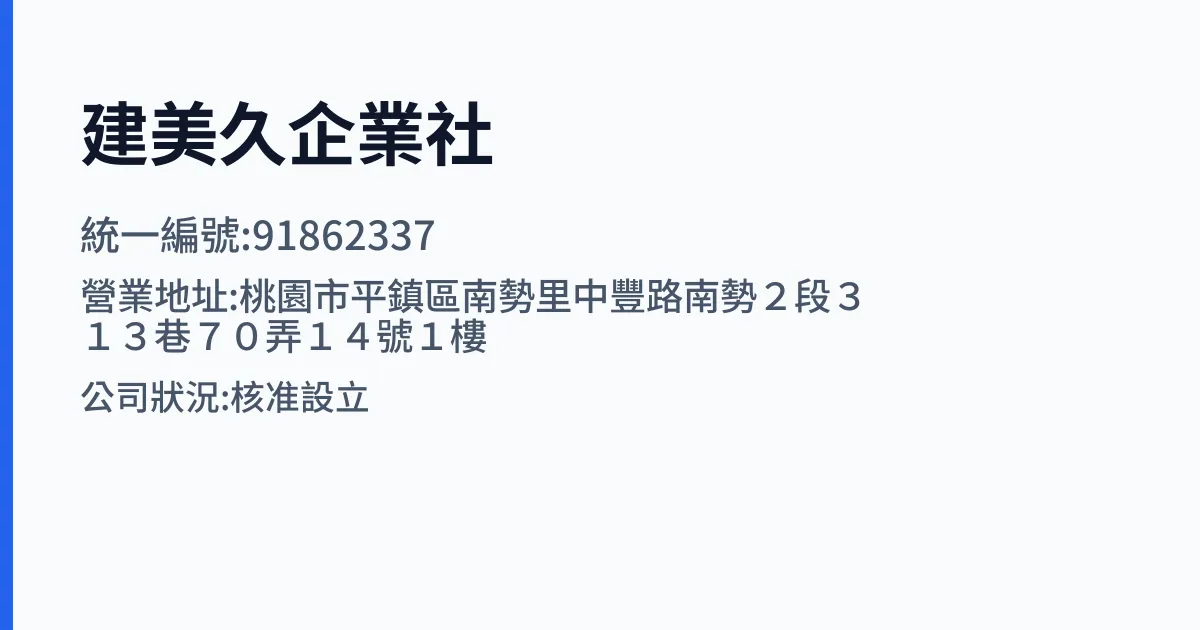 建美久企業社 - 統編 91862337(桃園市) 公司登記資料與營業項目詳細圖表