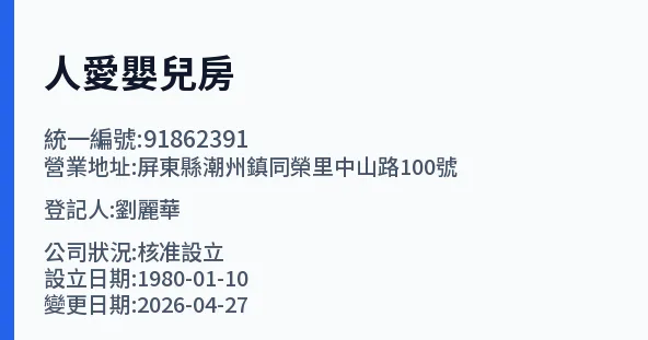 人愛嬰兒房的照片-統編 91862391(屏東縣) 公司登記資料與營業項目詳細圖表