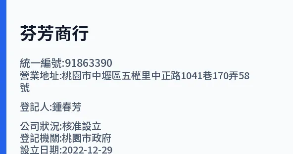 芬芳商行的照片-統編 91863390(桃園市) 公司登記資料與營業項目詳細圖表
