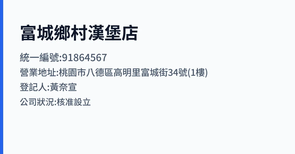 富城鄉村漢堡店 - 統編 91864567(桃園市) 公司登記資料與營業項目詳細圖表