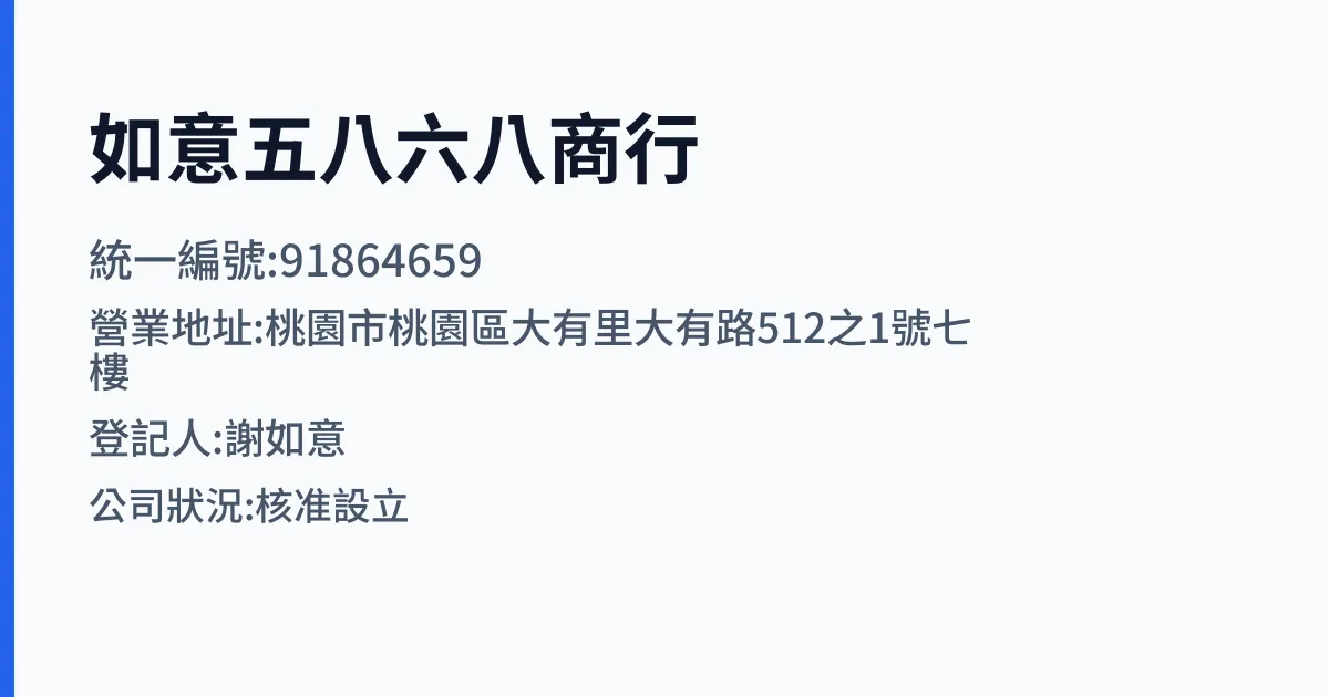 如意五八六八商行 - 統編 91864659(桃園市) 公司登記資料與營業項目詳細圖表