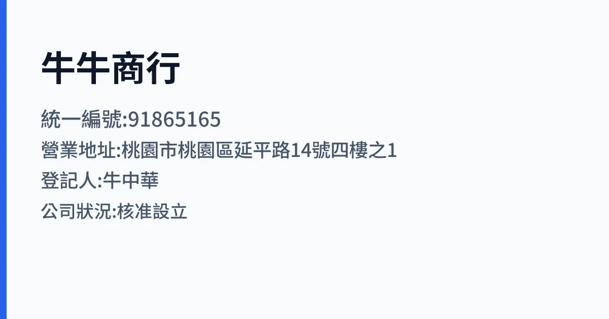 牛牛商行 - 統編 91865165(桃園市) 公司登記資料與營業項目詳細圖表