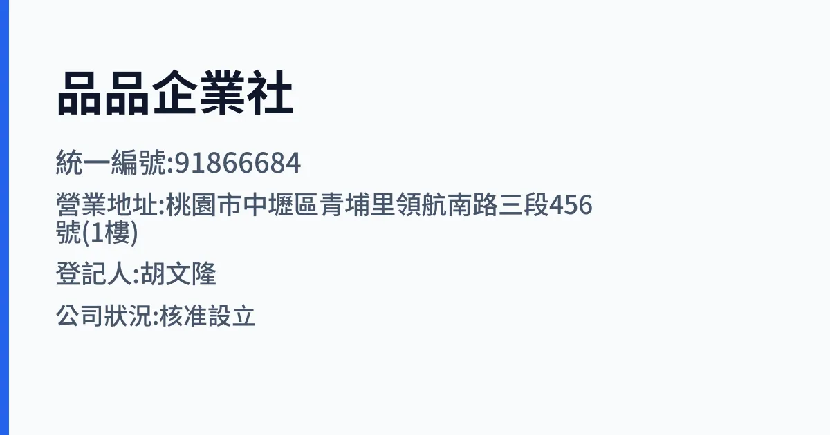 品品企業社 - 統編 91866684(桃園市) 公司登記資料與營業項目詳細圖表