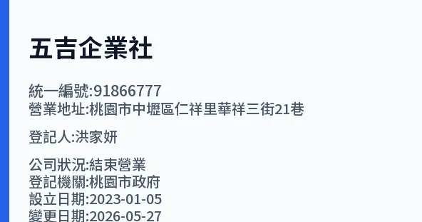 五吉企業社的照片-統編 91866777(桃園市) 公司登記資料與營業項目詳細圖表