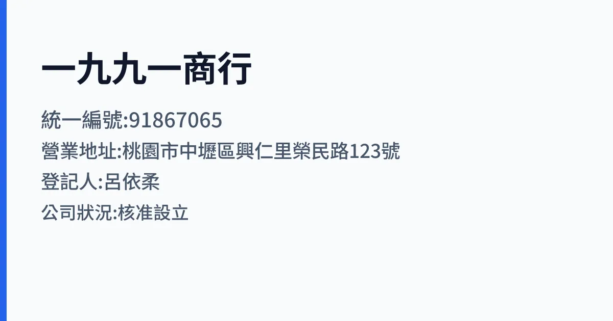 一九九一商行 - 統編 91867065(桃園市) 公司登記資料與營業項目詳細圖表