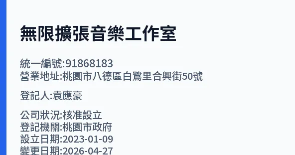 無限擴張音樂工作室的照片-統編 91868183(桃園市) 公司登記資料與營業項目詳細圖表