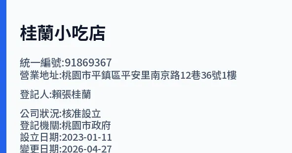 桂蘭小吃店的照片-統編 91869367(桃園市) 公司登記資料與營業項目詳細圖表