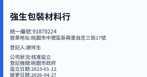 強生包裝材料行的照片-統編 91870224(桃園市) 公司登記資料與營業項目詳細圖表