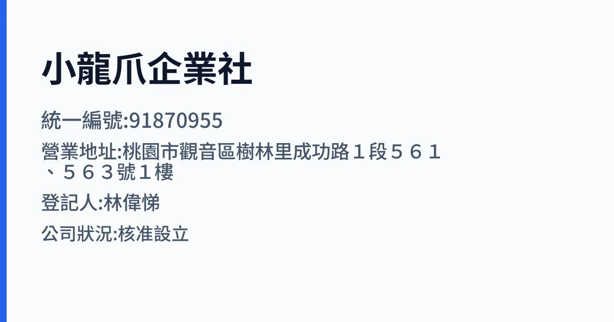 小龍爪企業社 - 統編 91870955(桃園市) 公司登記資料與營業項目詳細圖表