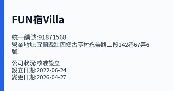 FUN宿Villa的照片-統編 91871568(宜蘭縣) 公司登記資料與營業項目詳細圖表