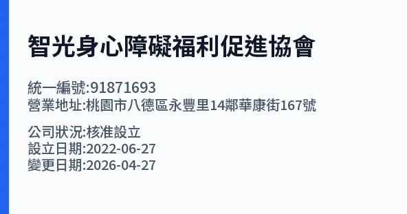 智光身心障礙福利促進協會的照片-統編 91871693(桃園市) 公司登記資料與營業項目詳細圖表