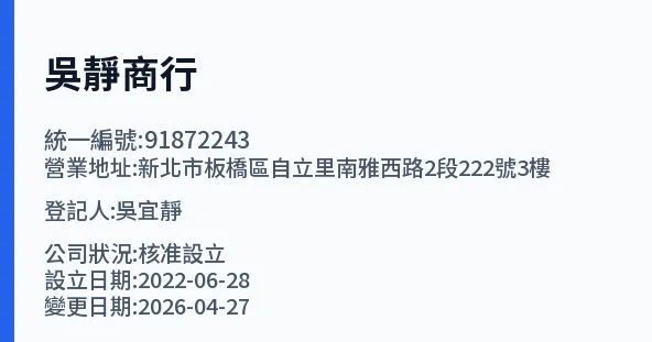 吳靜商行的照片-統編 91872243(新北市) 公司登記資料與營業項目詳細圖表