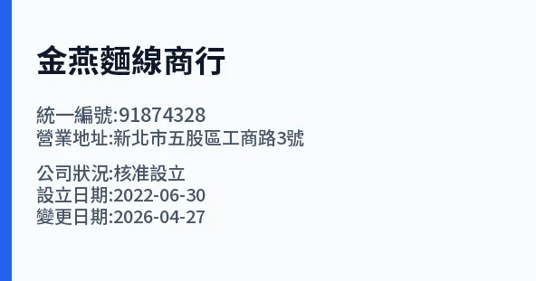 金燕麵線商行的照片-統編 91874328(新北市) 公司登記資料與營業項目詳細圖表