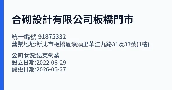 合砌設計有限公司板橋門市的照片-統編 91875332(新北市) 公司登記資料與營業項目詳細圖表