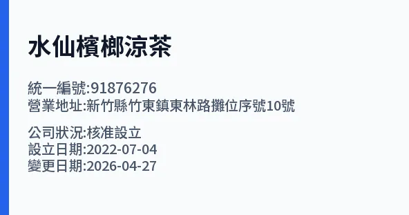 水仙檳榔涼茶的照片-統編 91876276(新竹縣) 公司登記資料與營業項目詳細圖表