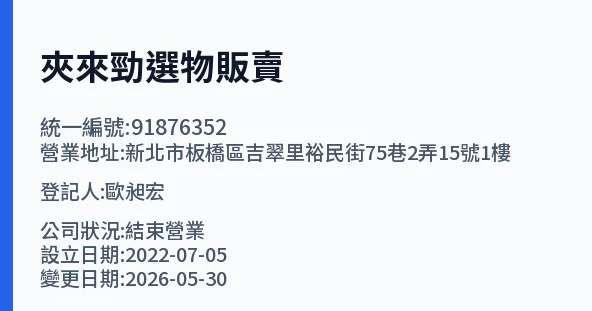夾來勁選物販賣的照片-統編 91876352(新北市) 公司登記資料與營業項目詳細圖表
