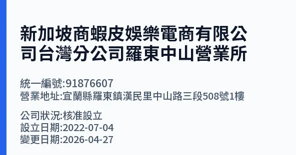 新加坡商蝦皮娛樂電商有限公司台灣分公司羅東中山營業所的照片-統編 91876607(宜蘭縣) 公司登記資料與營業項目詳細圖表