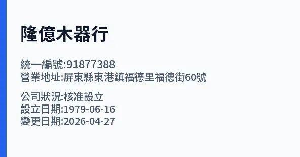 隆億木器行的照片-統編 91877388(屏東縣) 公司登記資料與營業項目詳細圖表