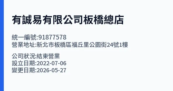 有誠易有限公司板橋總店的照片-統編 91877578(新北市) 公司登記資料與營業項目詳細圖表